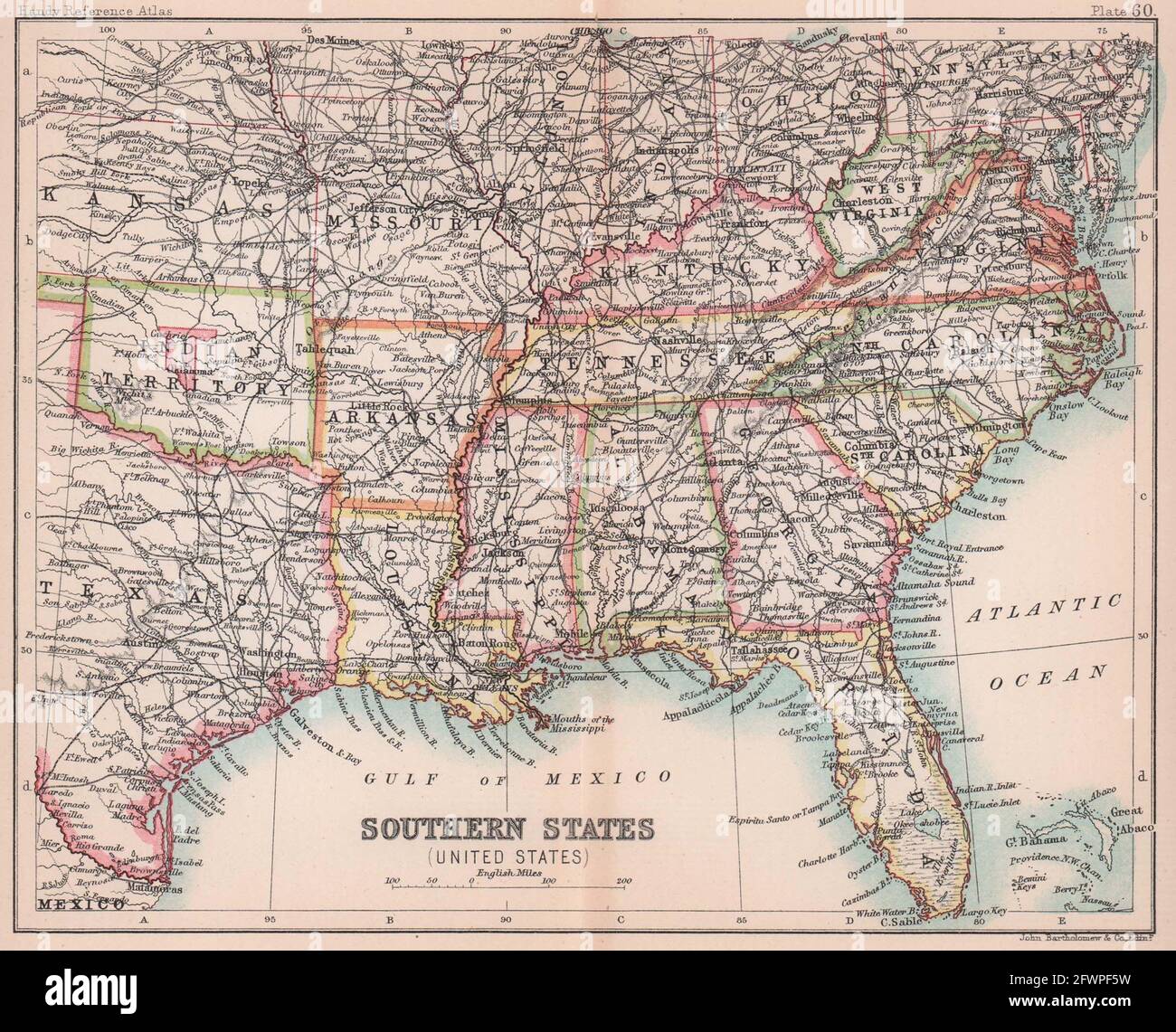 Southeastern USA. Indian Territory. ARTHOLOMEW 1893 old antique map ...
