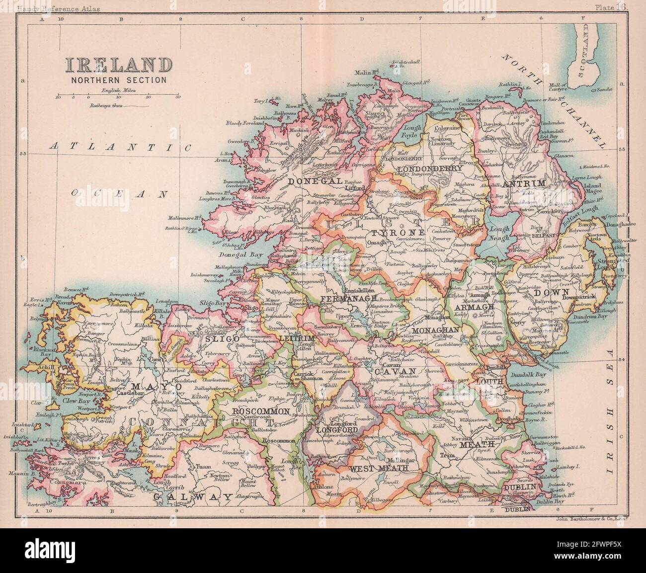Ireland, Northern Section. Ulster. BARTHOLOMEW 1893 old antique map ...