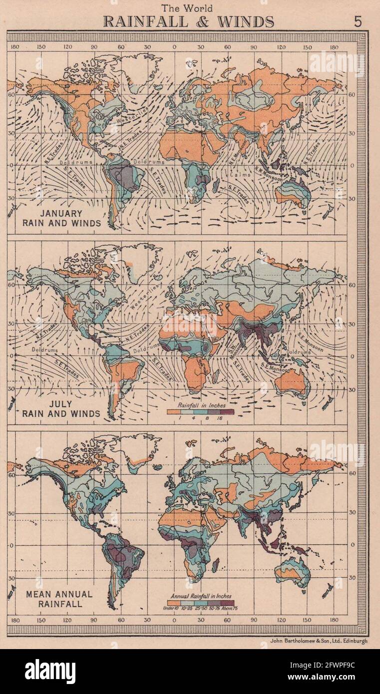 World - Rainfall and Winds. BARTHOLOMEW 1949 old vintage map plan chart ...