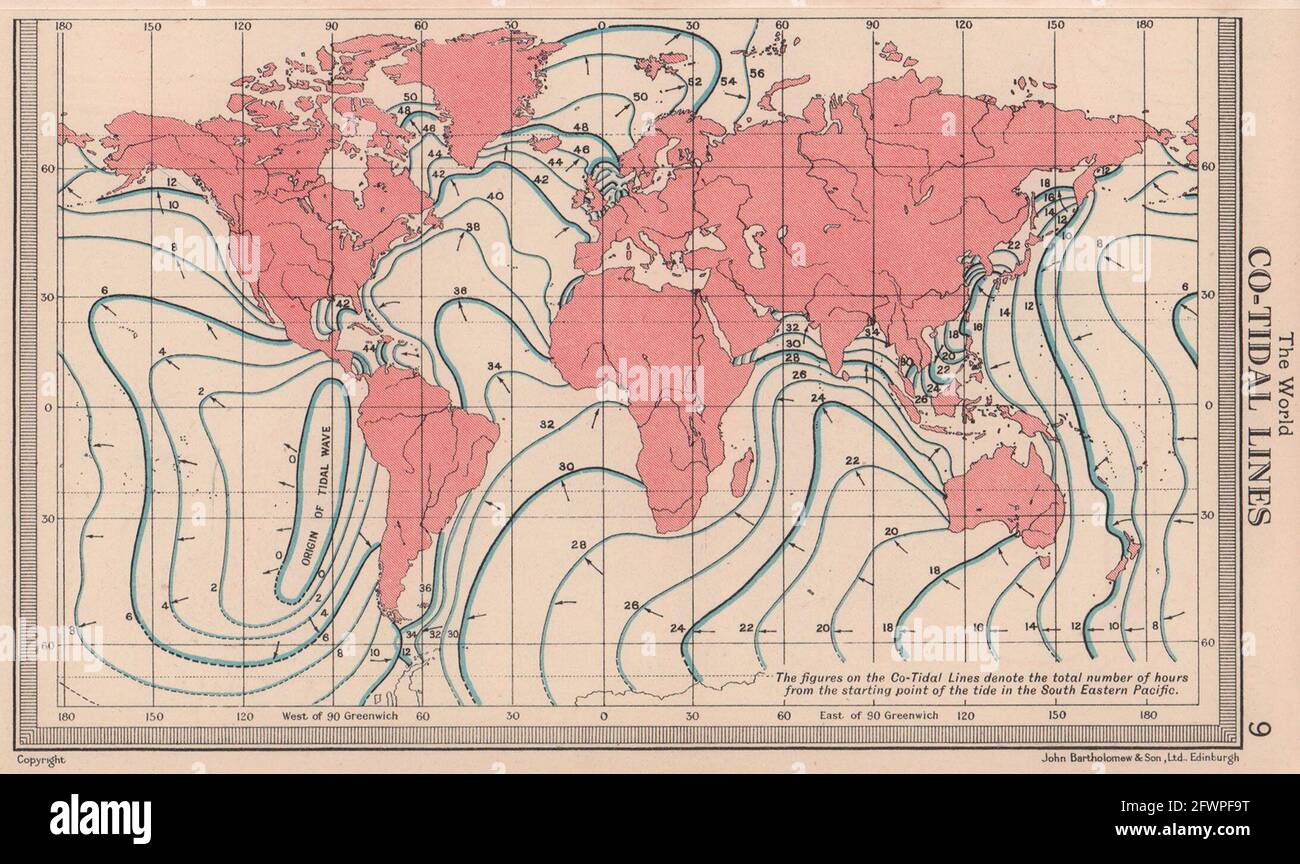 World - Co-Tidal Lines. BARTHOLOMEW 1949 old vintage map plan chart ...