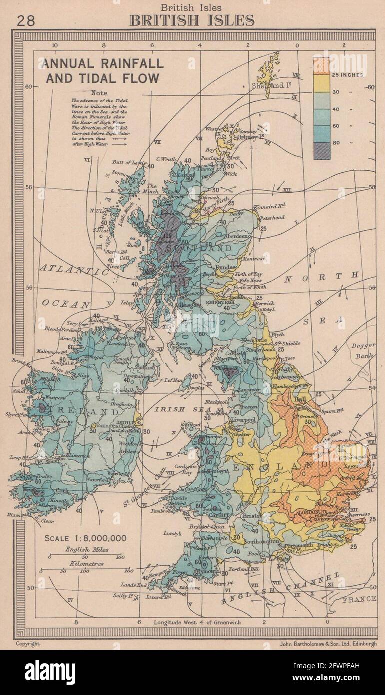 British Isles - annual rainfall & tidal flow. BARTHOLOMEW 1949 old ...