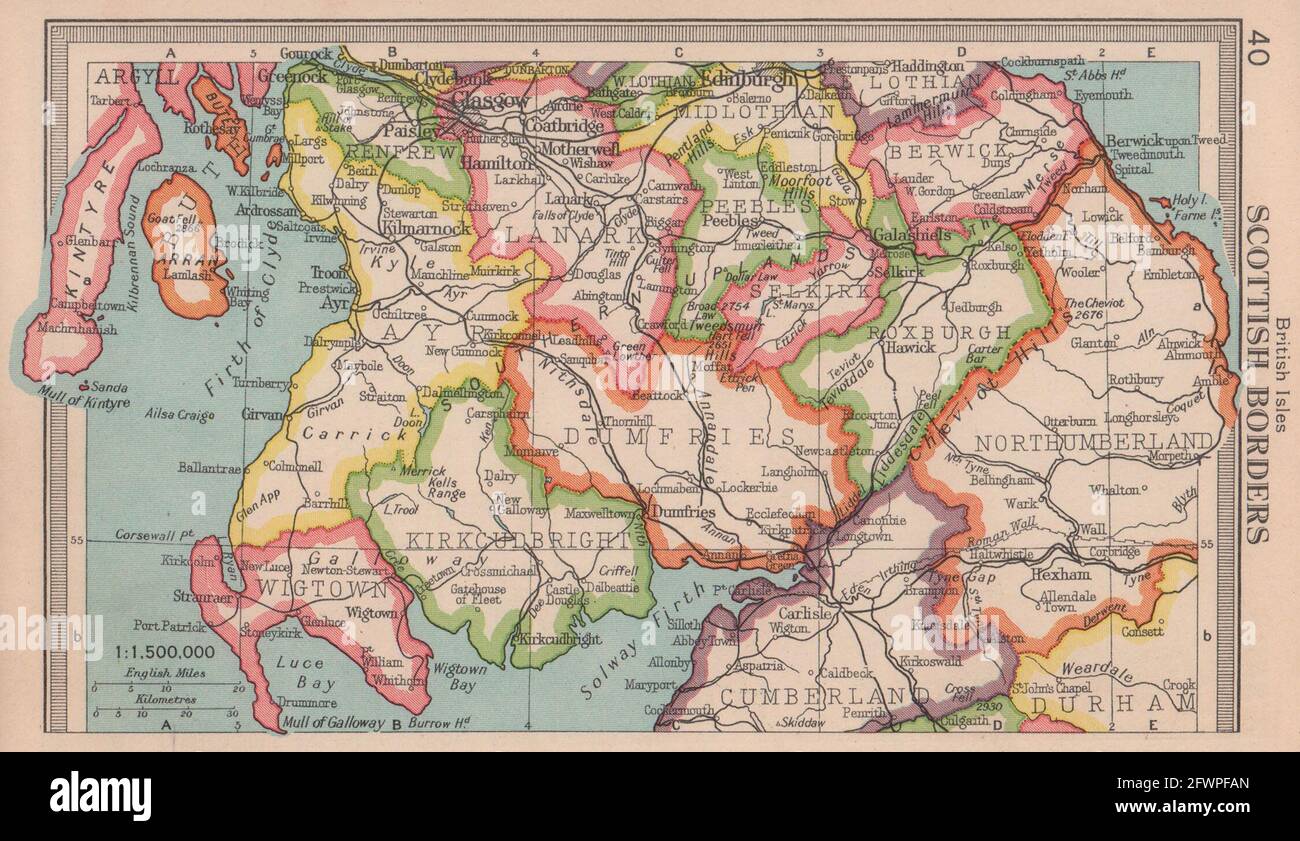 Scottish Borders. Southern Scotland. BARTHOLOMEW 1949 old vintage map ...