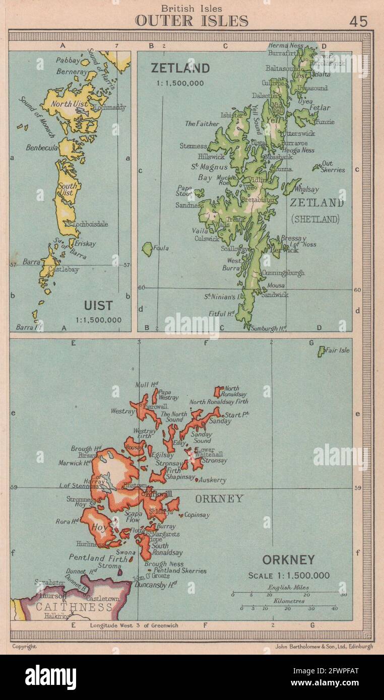 Scotland Outer Isles. Uist Zetland/Shetland Orkney. BARTHOLOMEW 1949 ...