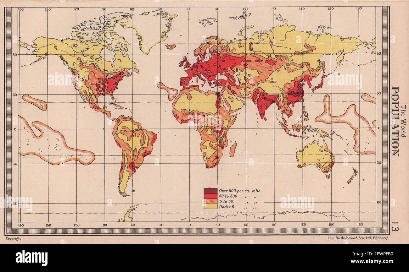 World - Population. BARTHOLOMEW 1949 old vintage map plan chart Stock ...