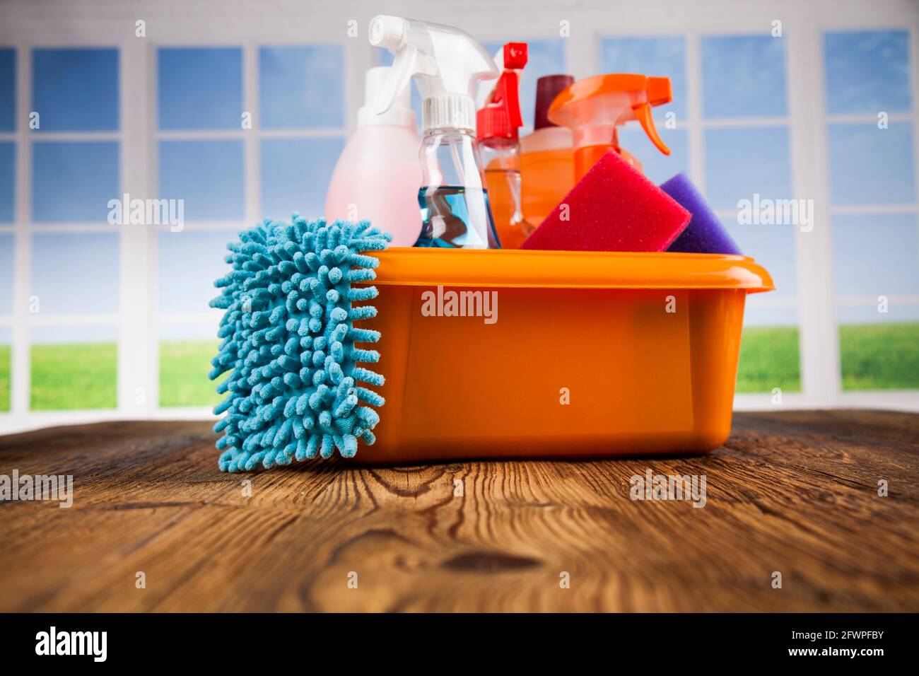 Group of assorted cleaning and window background Stock Photo - Alamy