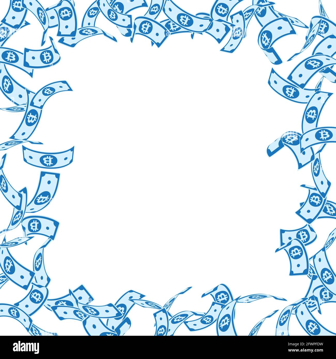 Bitcoin, internet currency notes falling. Floating BTC bills on white ...