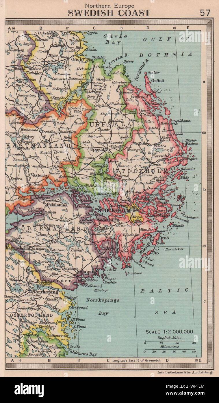 Swedish Coast. Sweden. Stgockholm environs. BARTHOLOMEW 1949 old ...