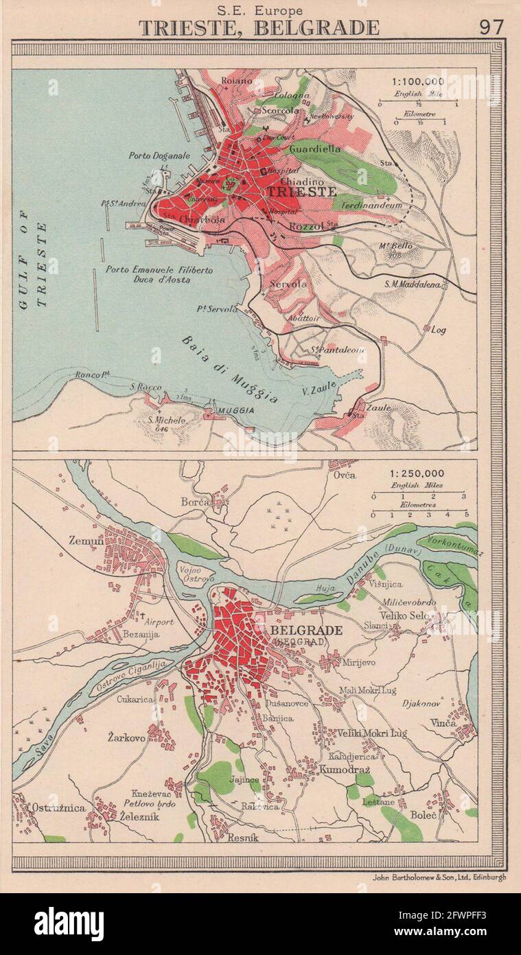 Trieste & Belgrade plan. Italy Serbia. BARTHOLOMEW 1949 old vintage map ...