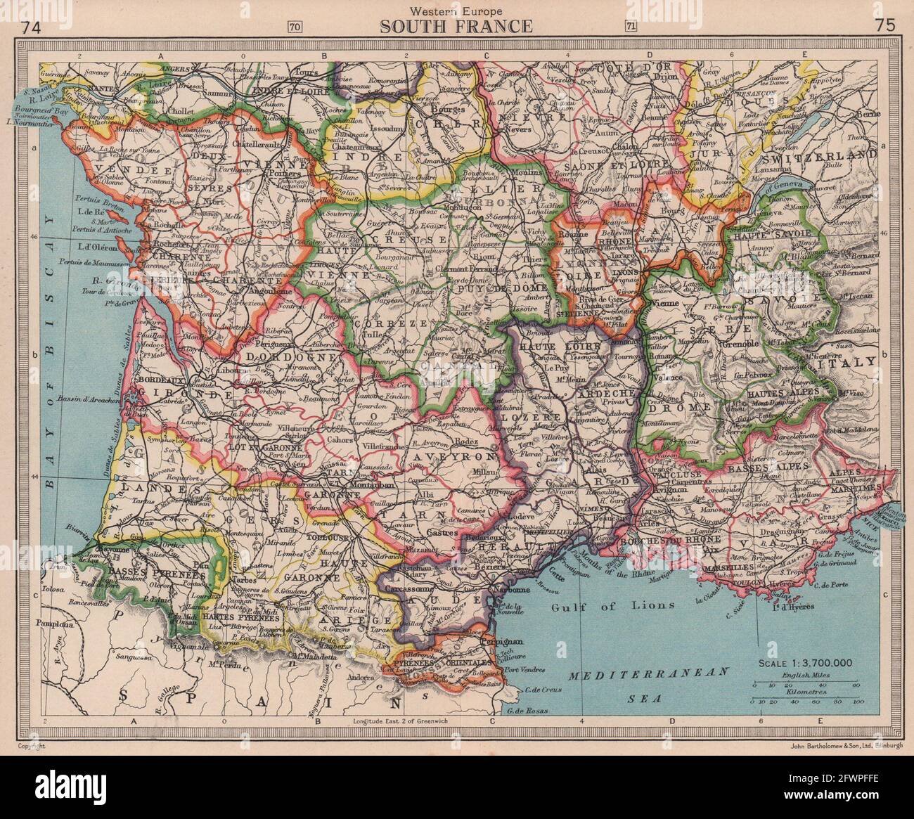 Southern France in old provinces. BARTHOLOMEW 1949 vintage map plan ...