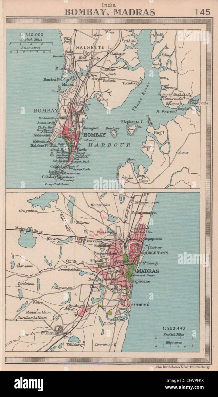 Indian cities. Bombay Mumbai & Madras. BARTHOLOMEW 1949 old vintage map ...