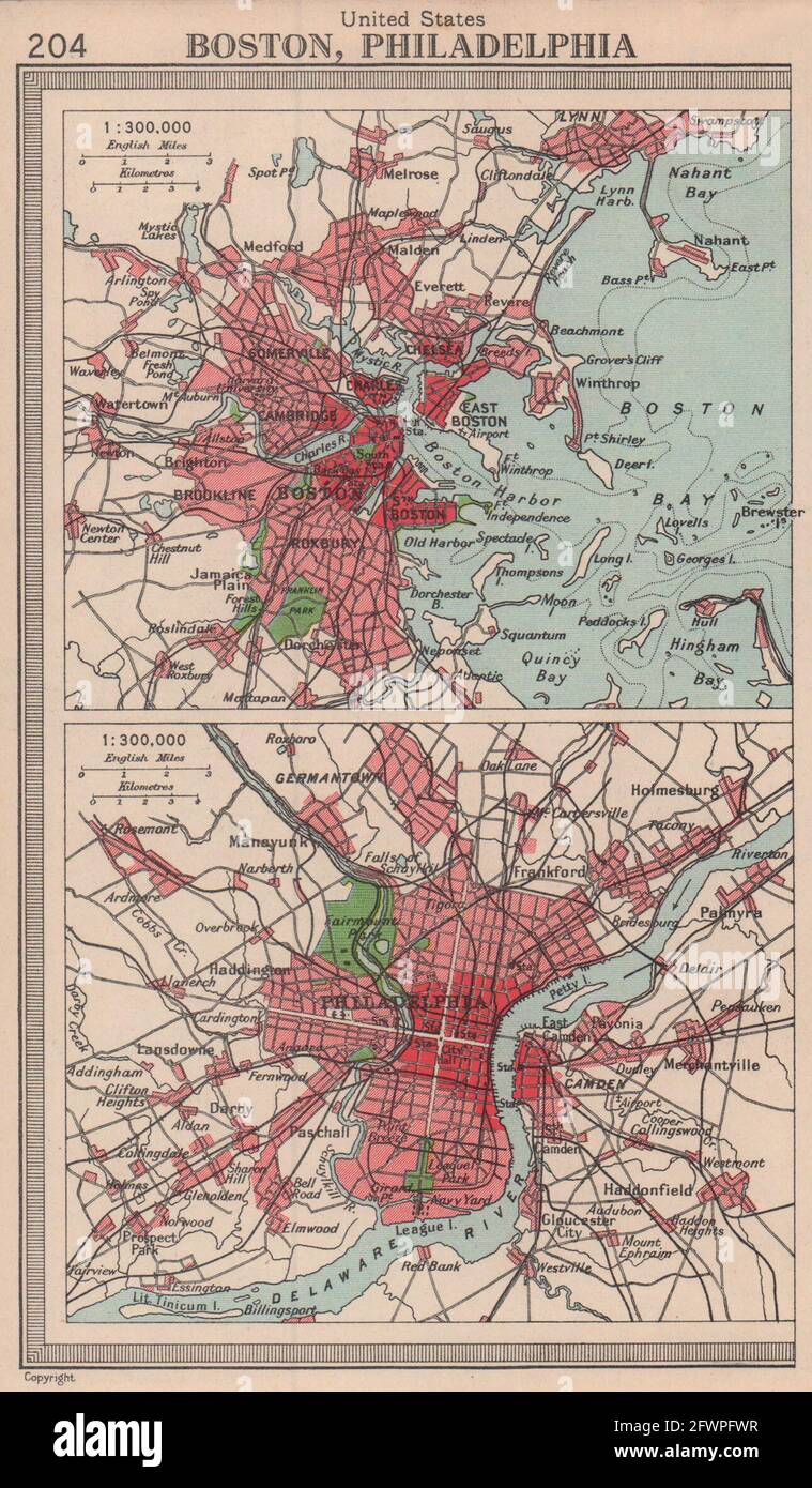 Boston & Philadelphia environs plans. BARTHOLOMEW 1949 old vintage map ...