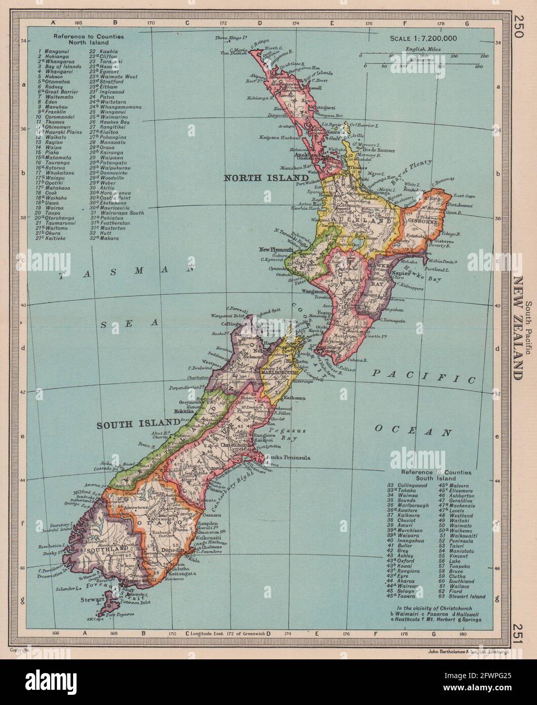 New Zealand in counties/provinces. BARTHOLOMEW 1949 old vintage map ...