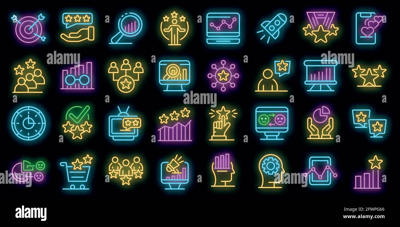 Reputation icons set. Outline set of reputation vector icons neon color ...
