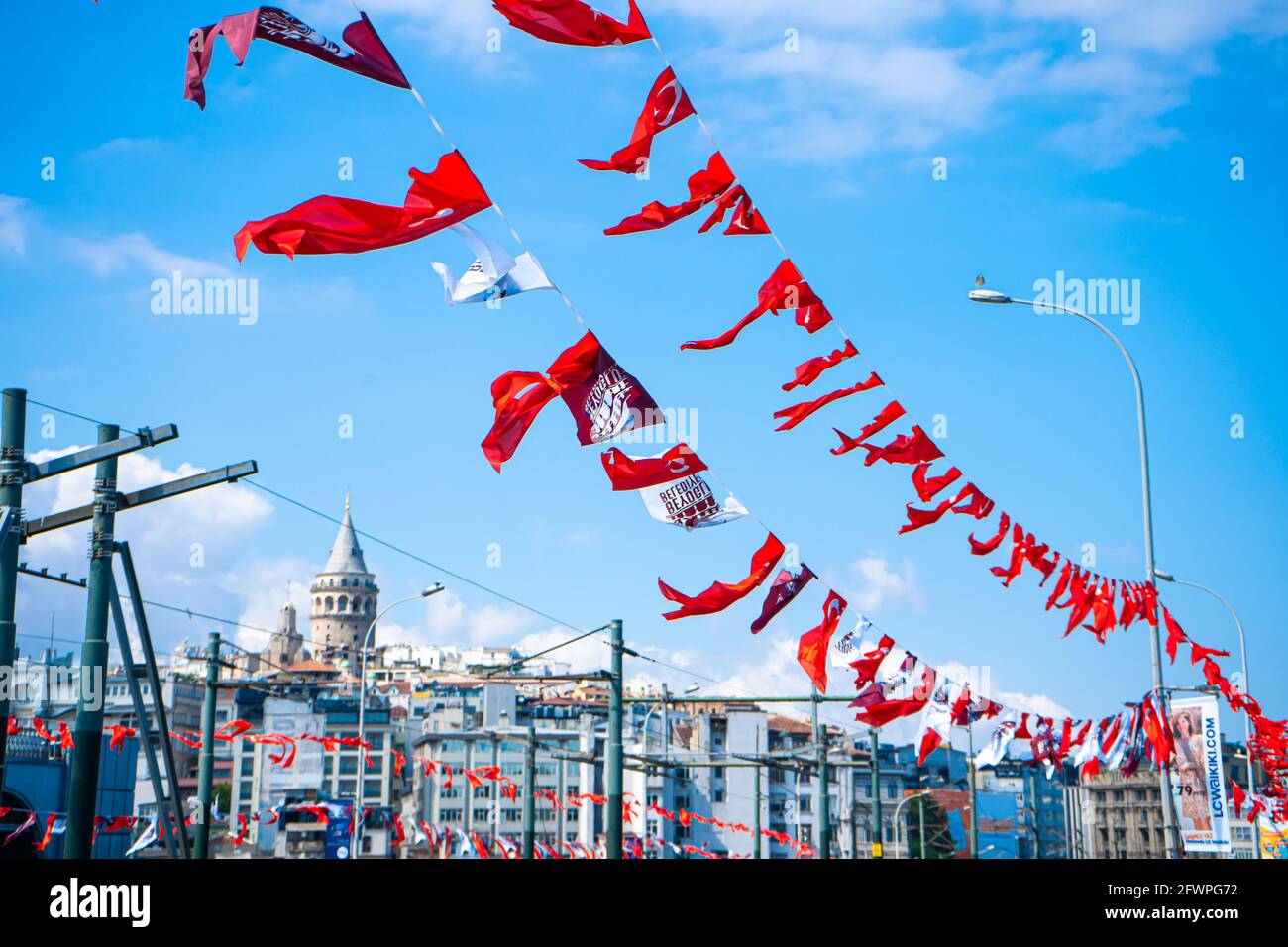 Flags of Turkey are hung over the streets of Istanbul. Political ...