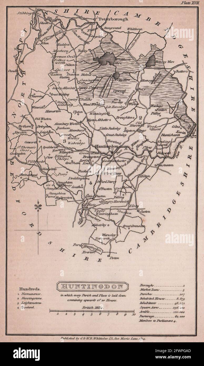 Huntingdonshire antique copperplate county map by Benjamin Pitts Capper ...