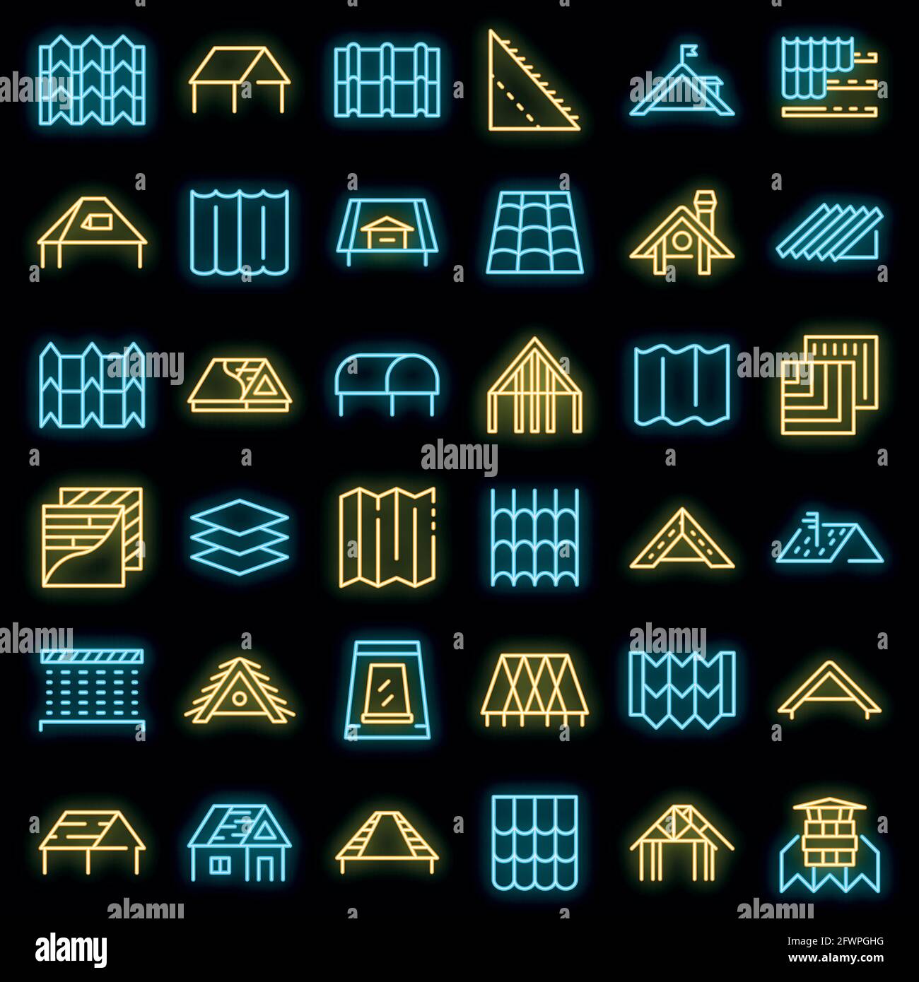 Roof icons set. Outline set of roof vector icons neon color on black Stock Vector Image & Art ...