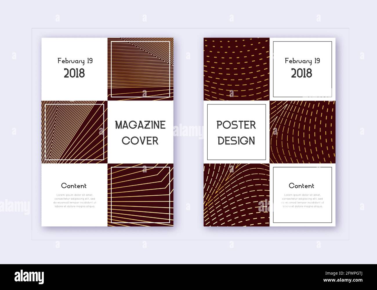 Business cover design template set. Gold abstract lines on maroon ...
