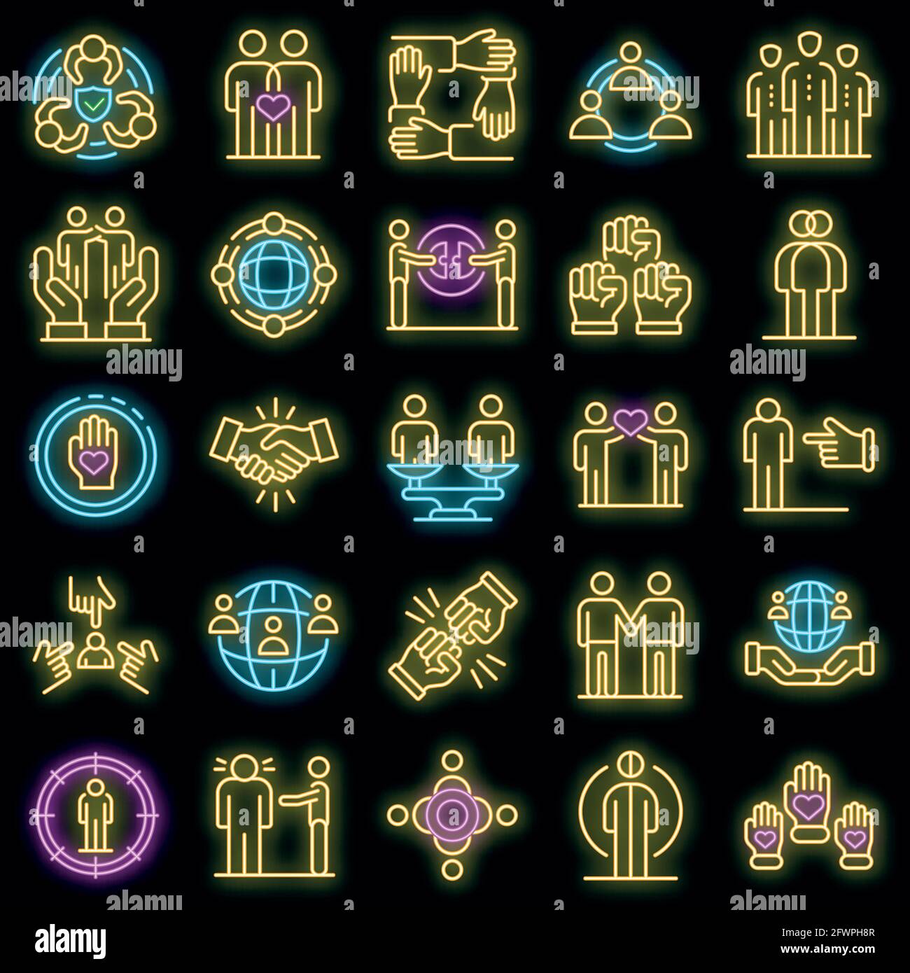 Racism icons set. Outline set of racism vector icons neon color on ...