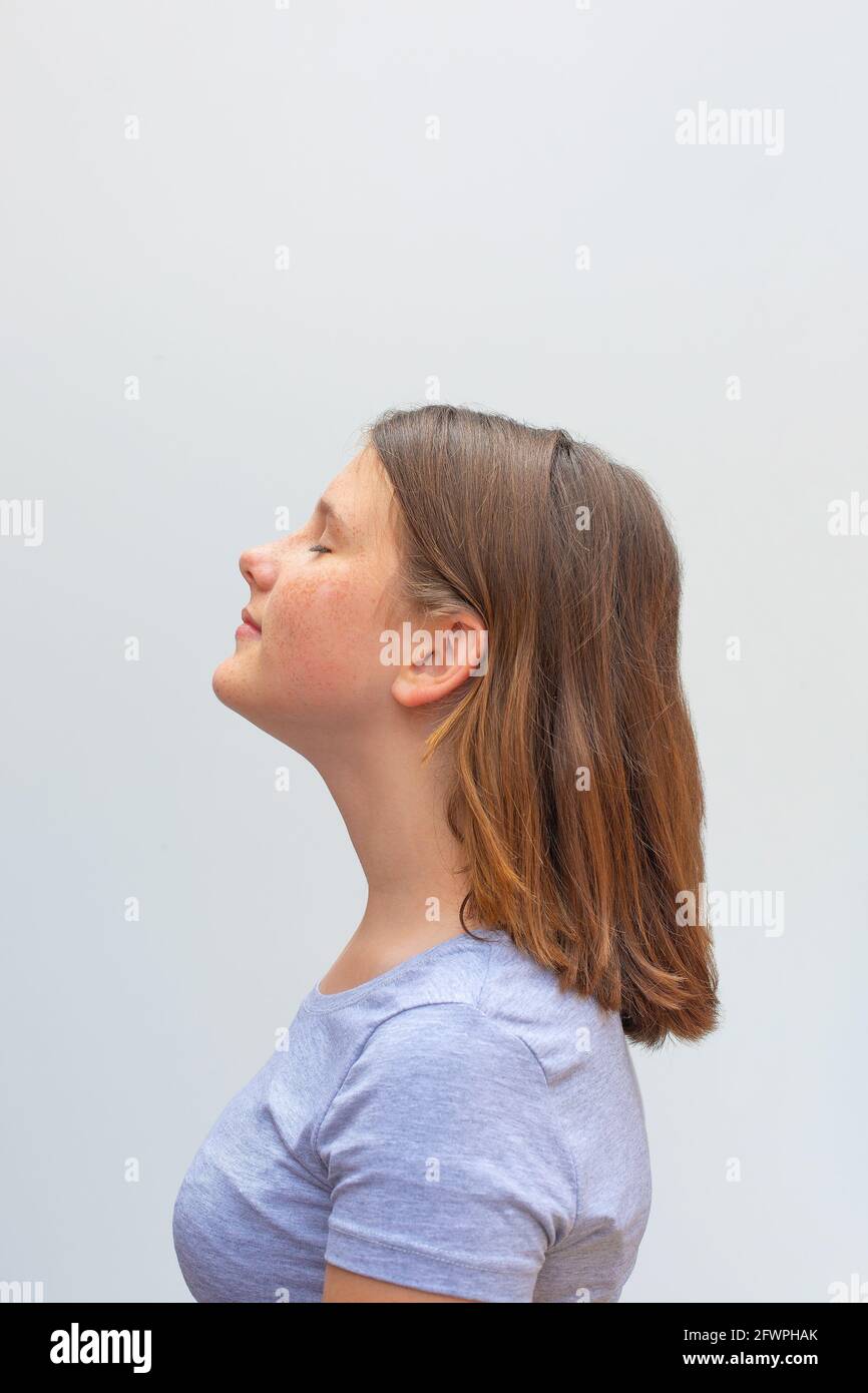 Profile side view portrait of nice positive calm content attractive ...