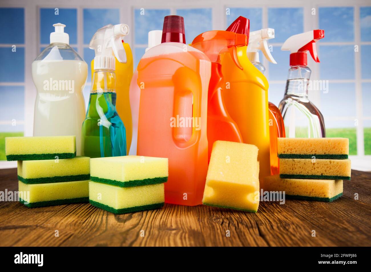 Cleaning Equipment and window background Stock Photo - Alamy