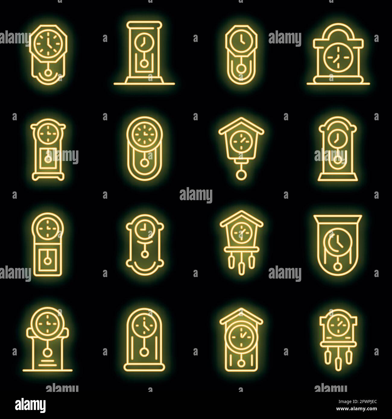 Pendulum clock icons set. Outline set of pendulum clock vector icons neon color on black Stock ...