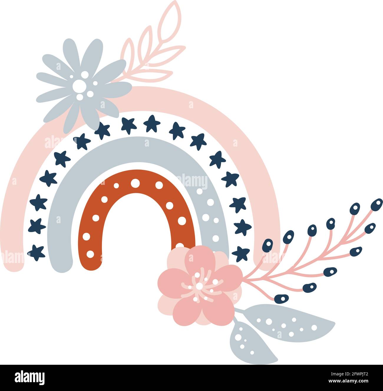 Vector spring rainbow with bouquet and hearts. Summer cartoon hand ...