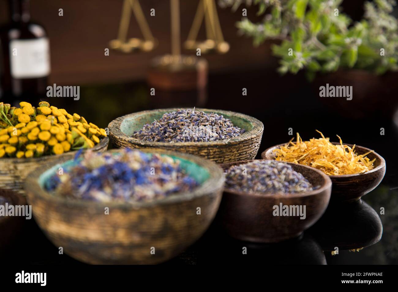 Black mirror background, Natural remedy, healing herbs Stock Photo - Alamy