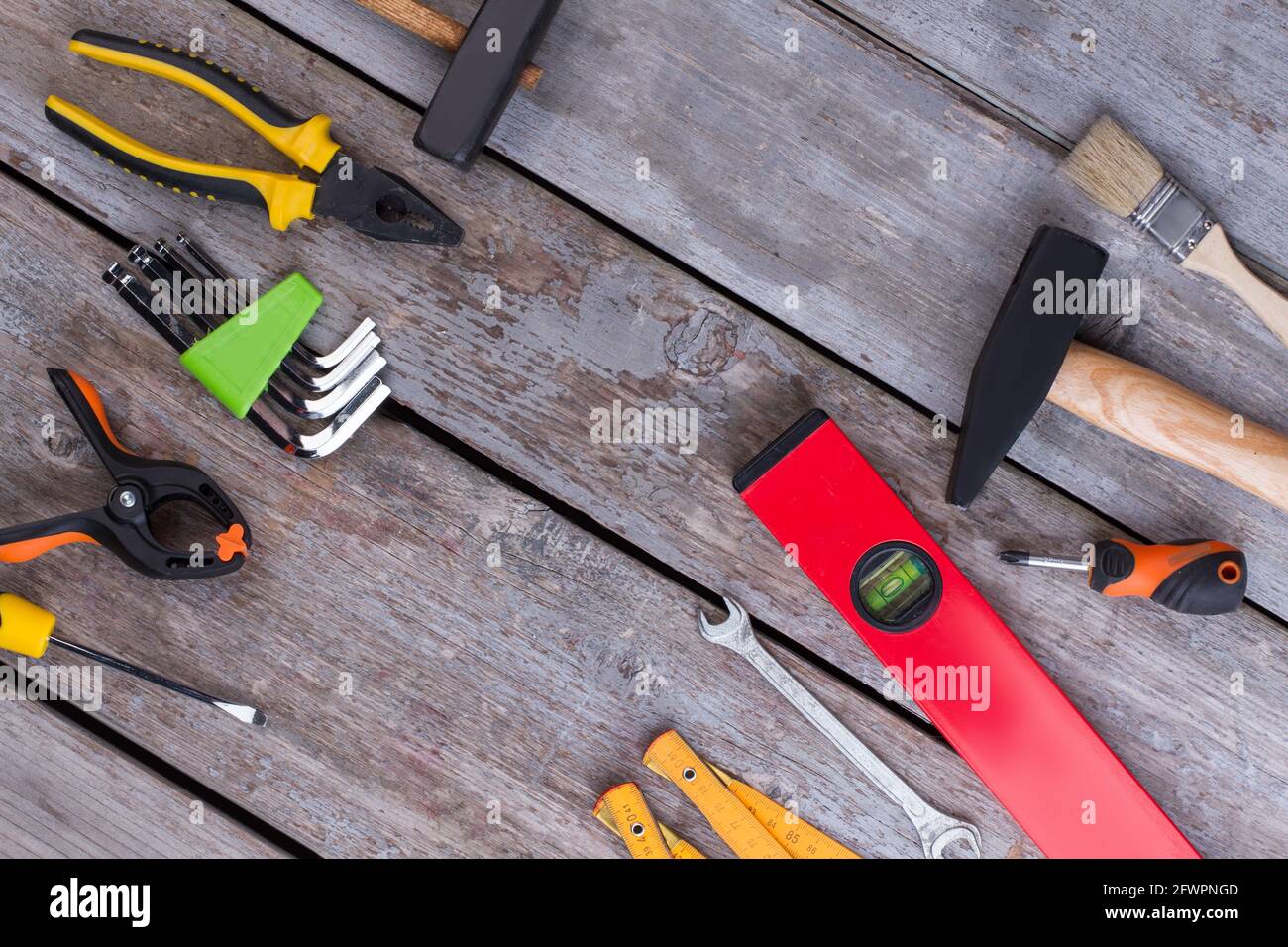 Border frame of construction tools on rustic background Stock Photo - Alamy