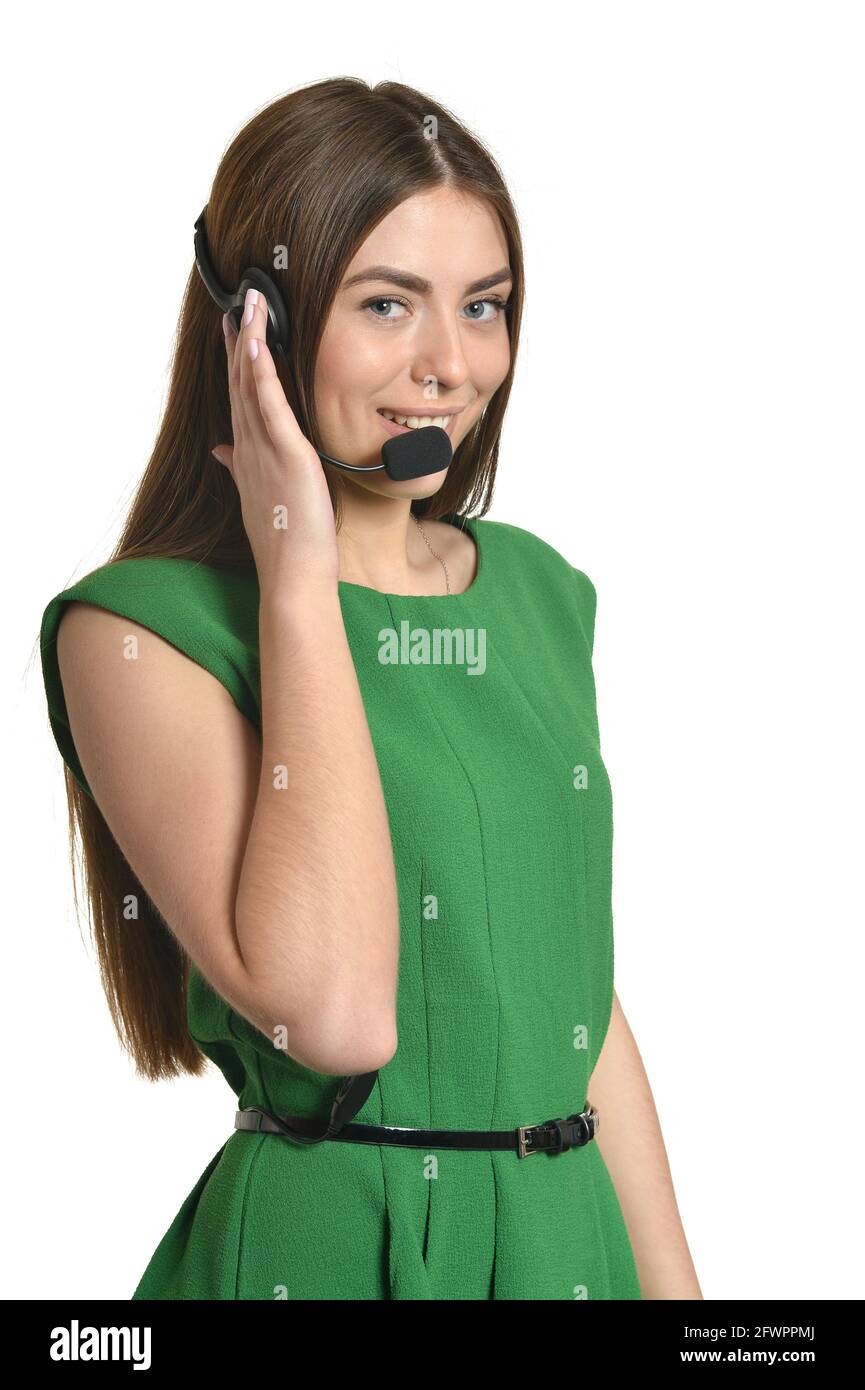 Portrait of service operator woman with headset Stock Photo - Alamy