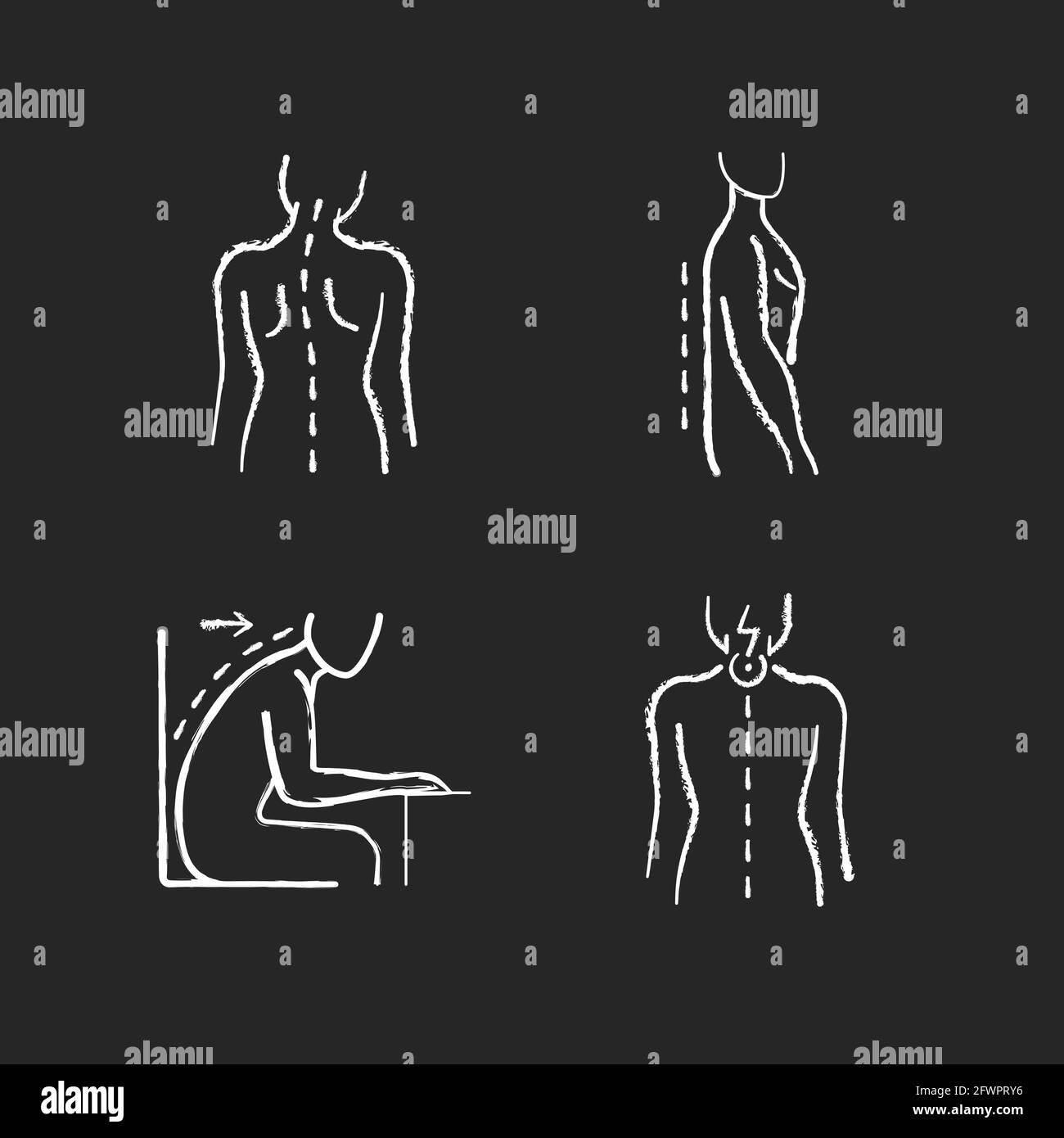 Bad posture problems chalk white icons set on black background Stock ...
