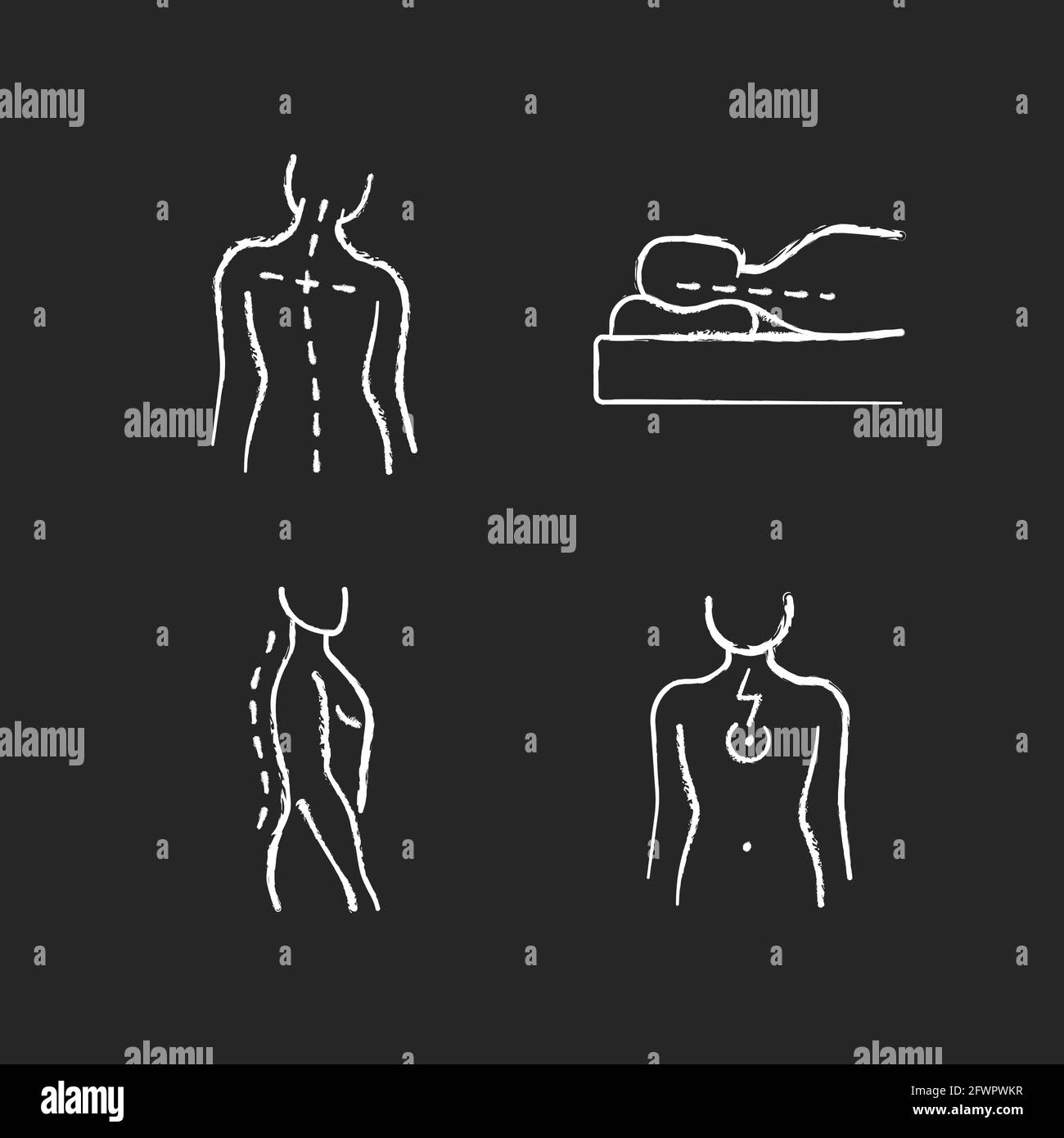 Postural dysfunction chalk white icons set on black background Stock ...