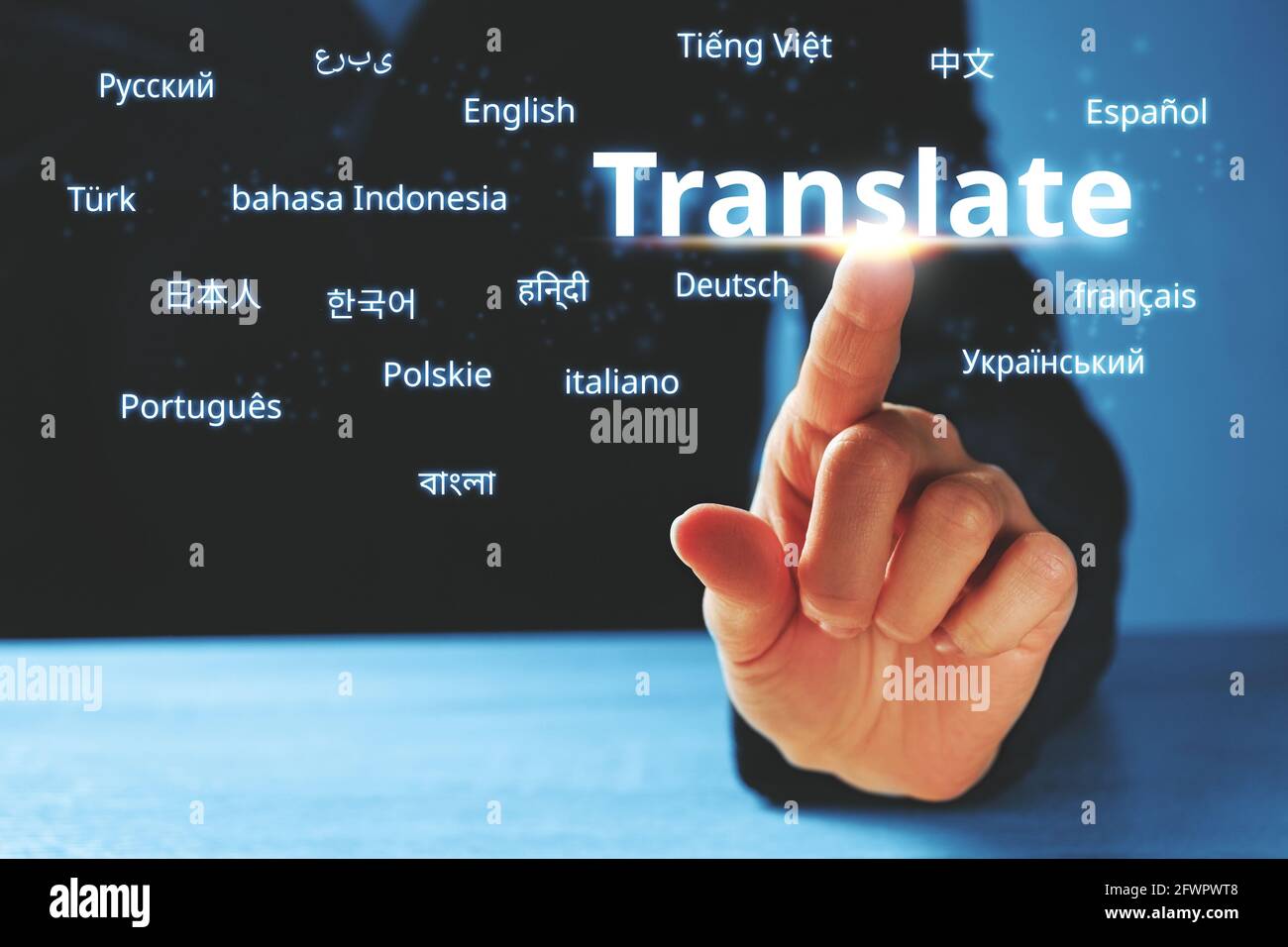 Person abstractly presses on the display with the word translate and ...