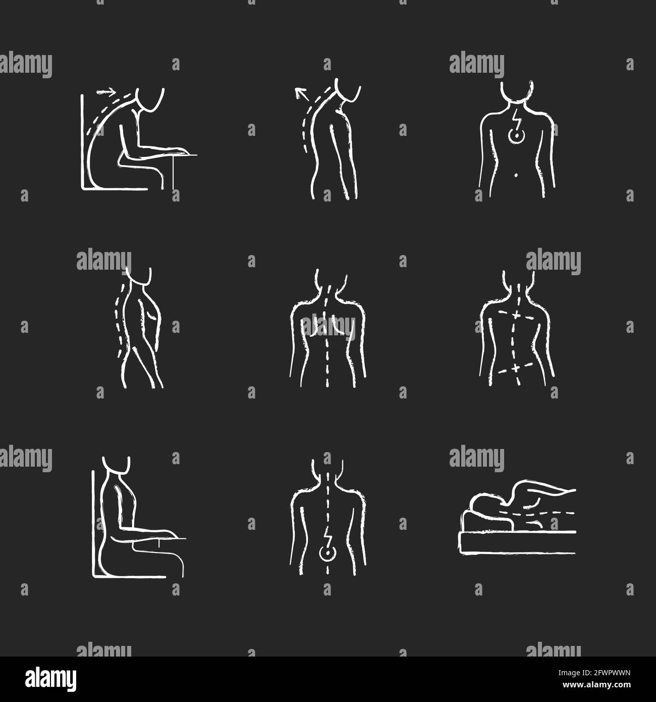 Back and posture problems chalk white icons set on black background ...