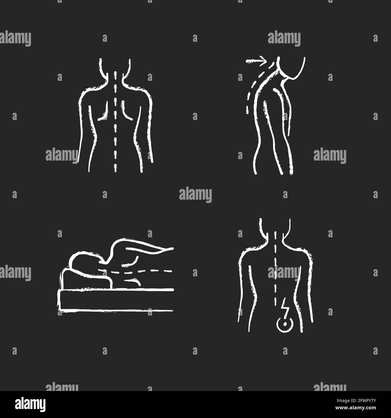 Poor posture problems chalk white icons set on black background Stock ...