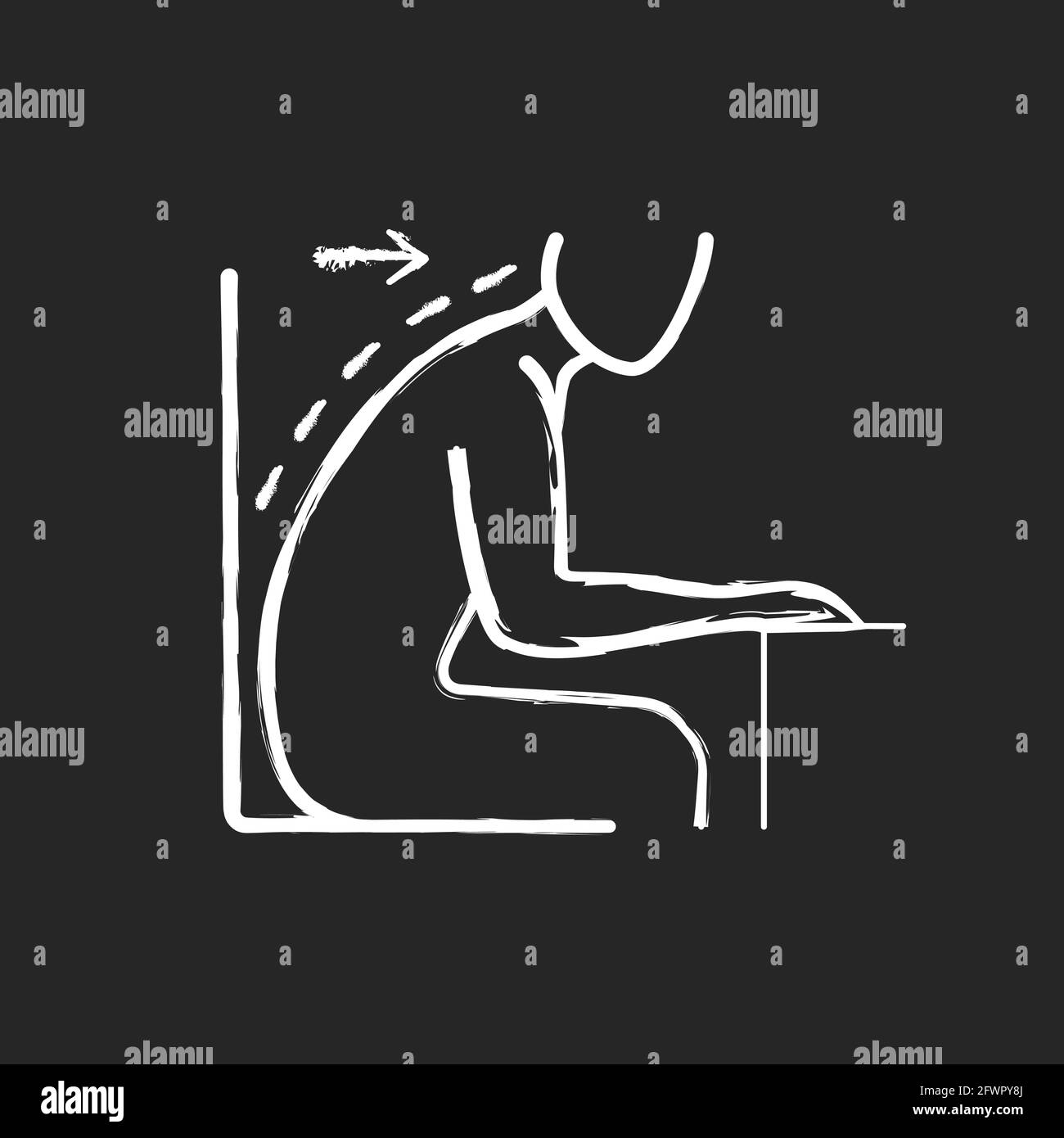 Forward tilted sitting position chalk white icon on black background ...