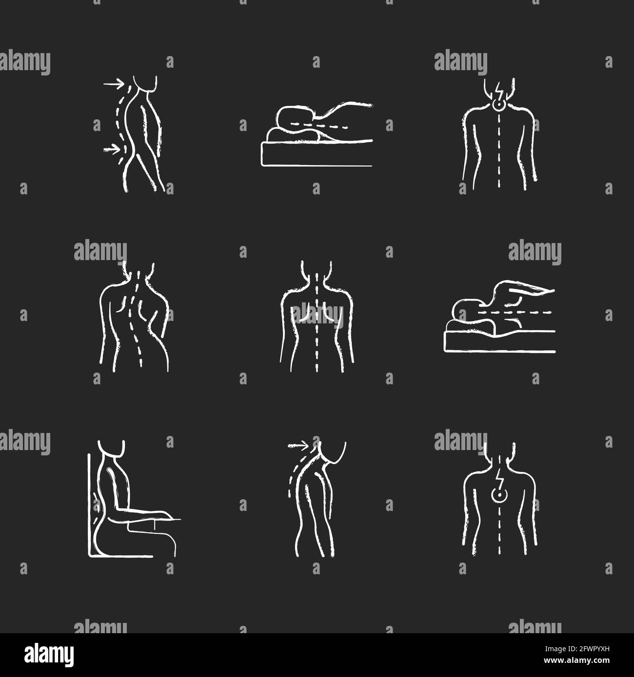 Back and posture problems chalk white icons set on black background ...