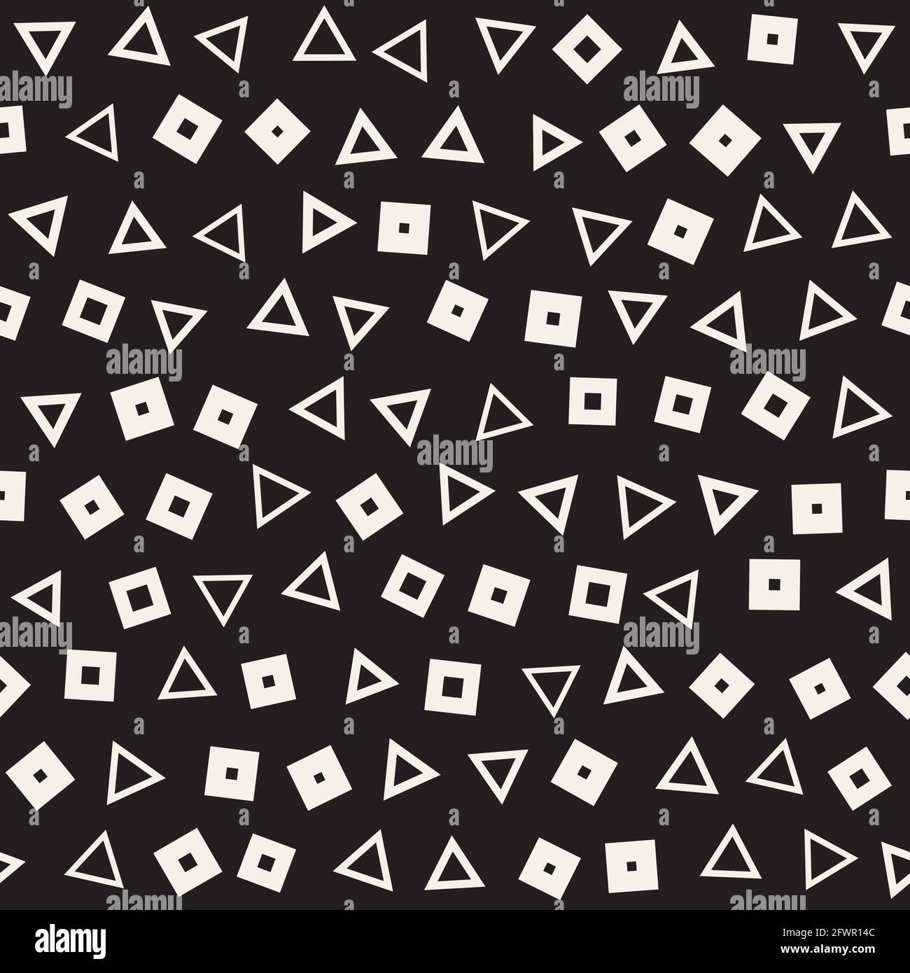 Seamless chaotic patterns. Randomly scattered geometric square triangle ...