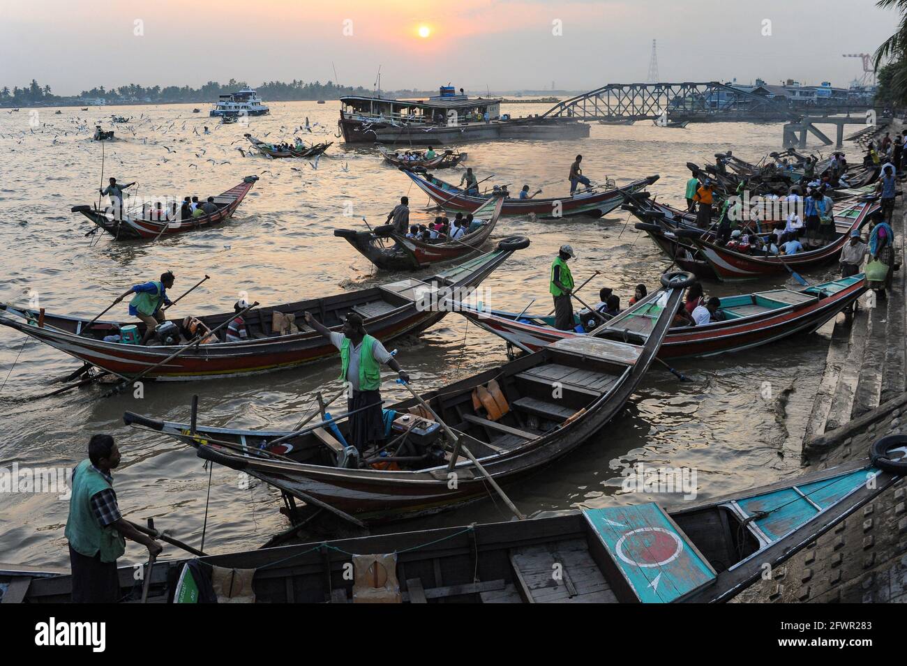 30.01.2014, Yangon, Myanmar, Asia - River taxis transport local ...