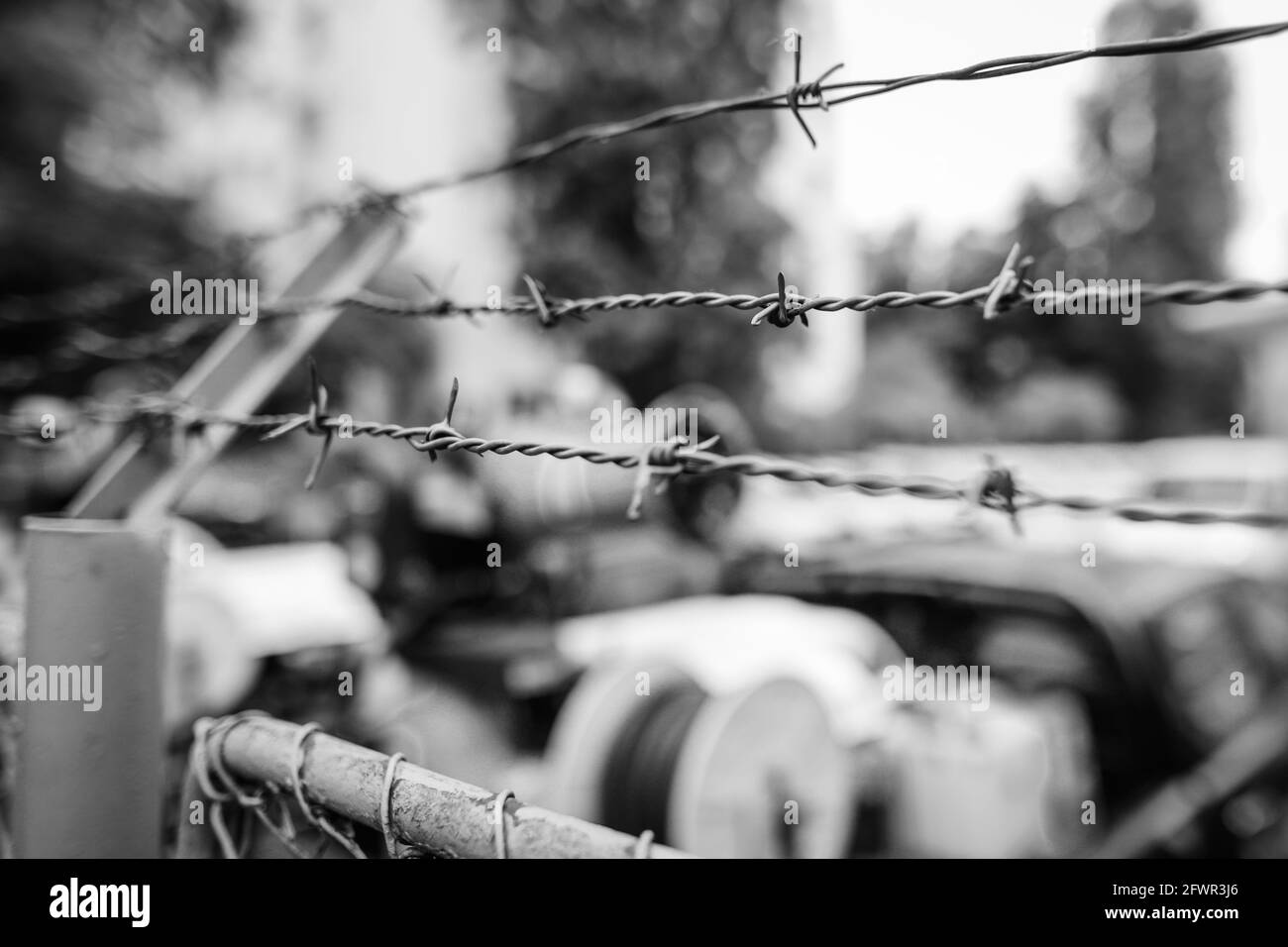 Barbed wire field boundary Black and White Stock Photos & Images - Alamy