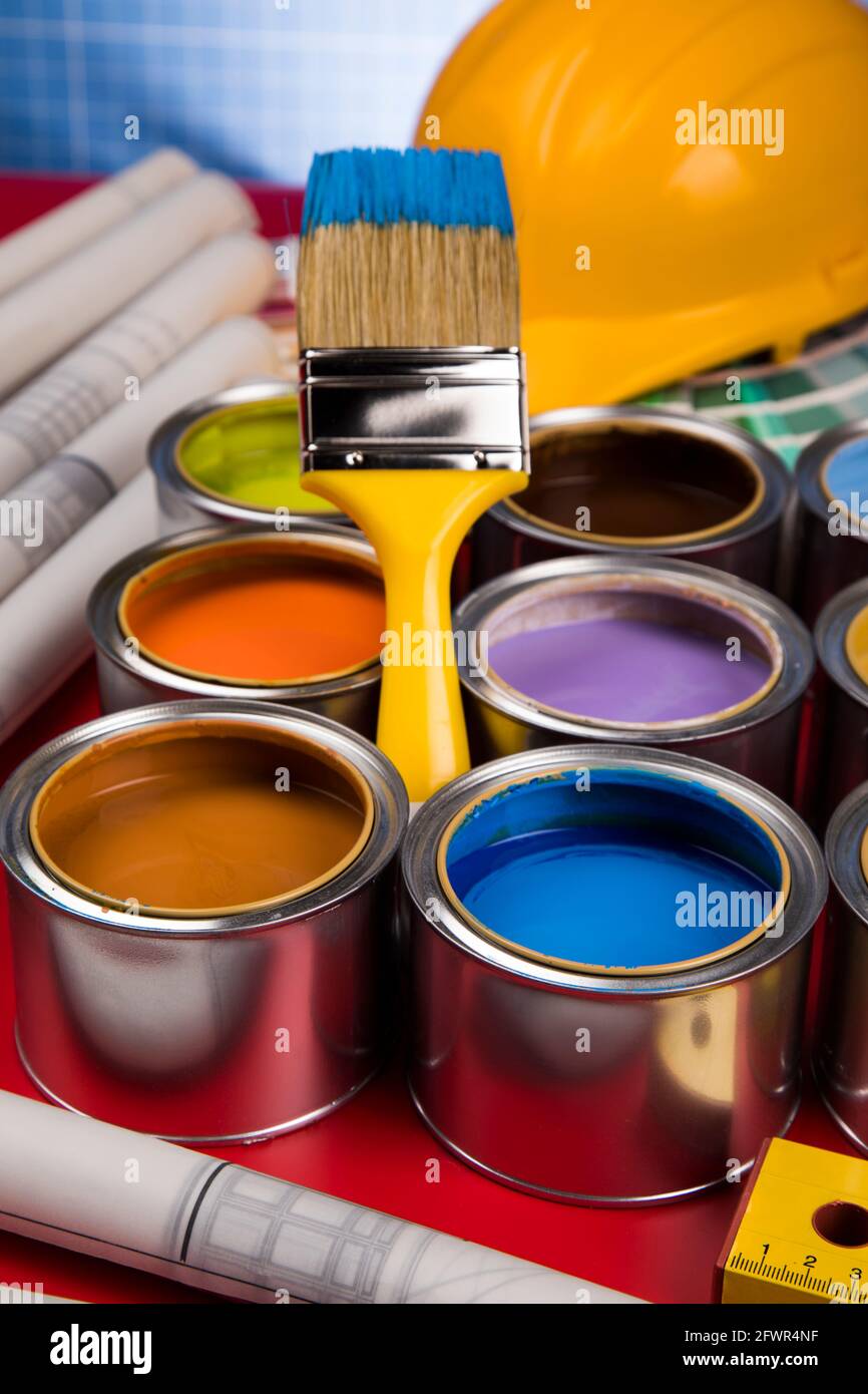 Paint brush, tin can and color guide samples Stock Photo - Alamy