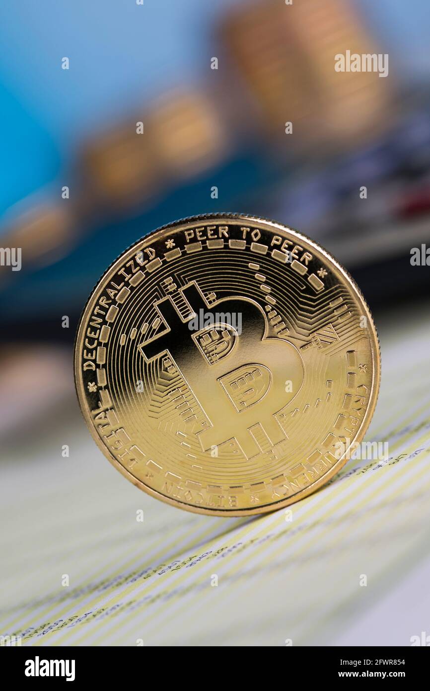 Virtual money, Currency. Bitcoin coins, financial chart Stock Photo - Alamy