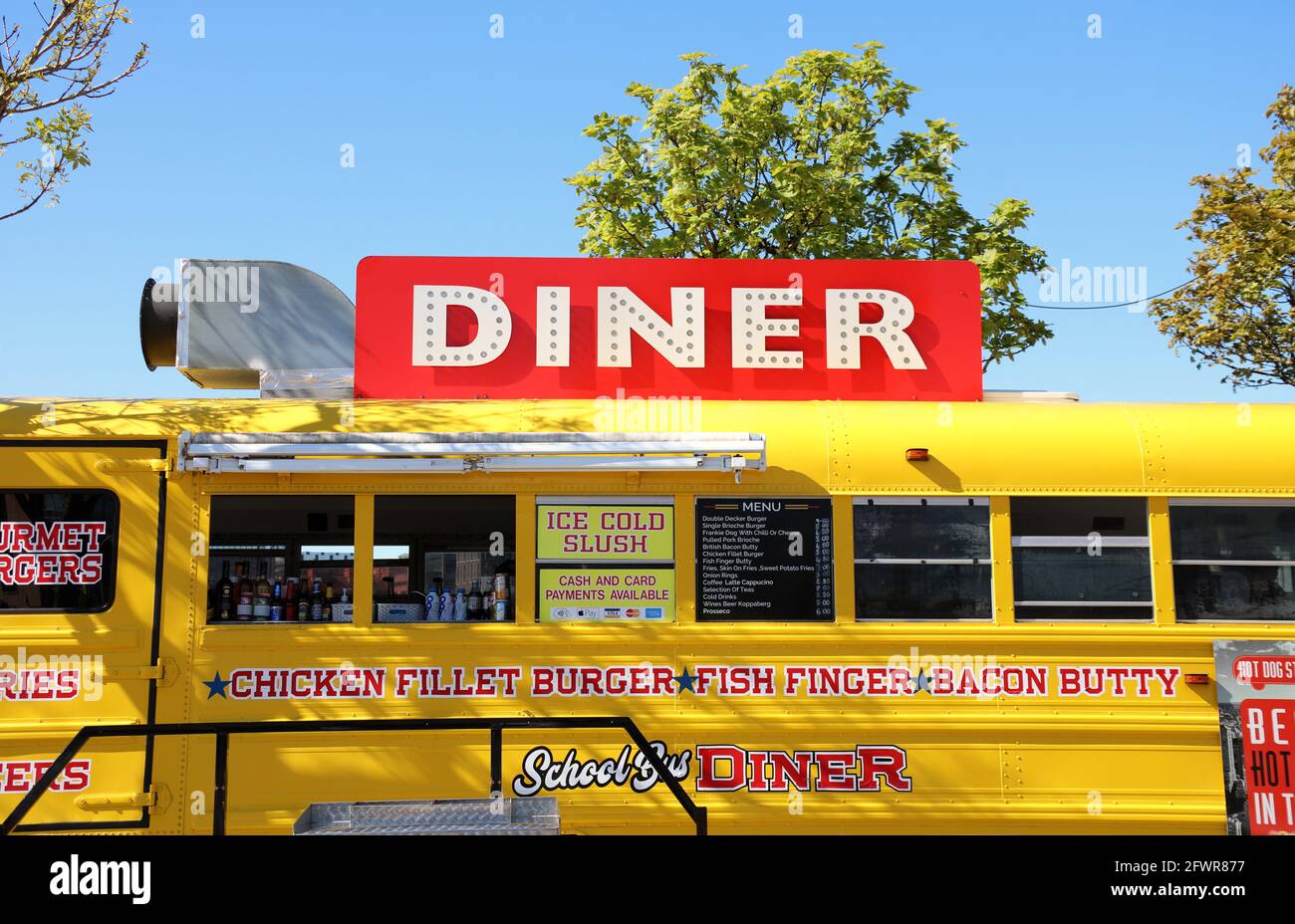School Bus Diner at Royal Albert Dock in Liverpool Stock Photo - Alamy