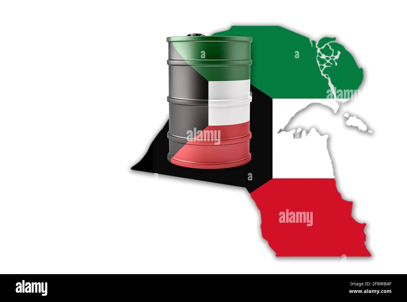 Oil drum in Kuwait flag design in front of Kuwait state silhouette. 3D ...