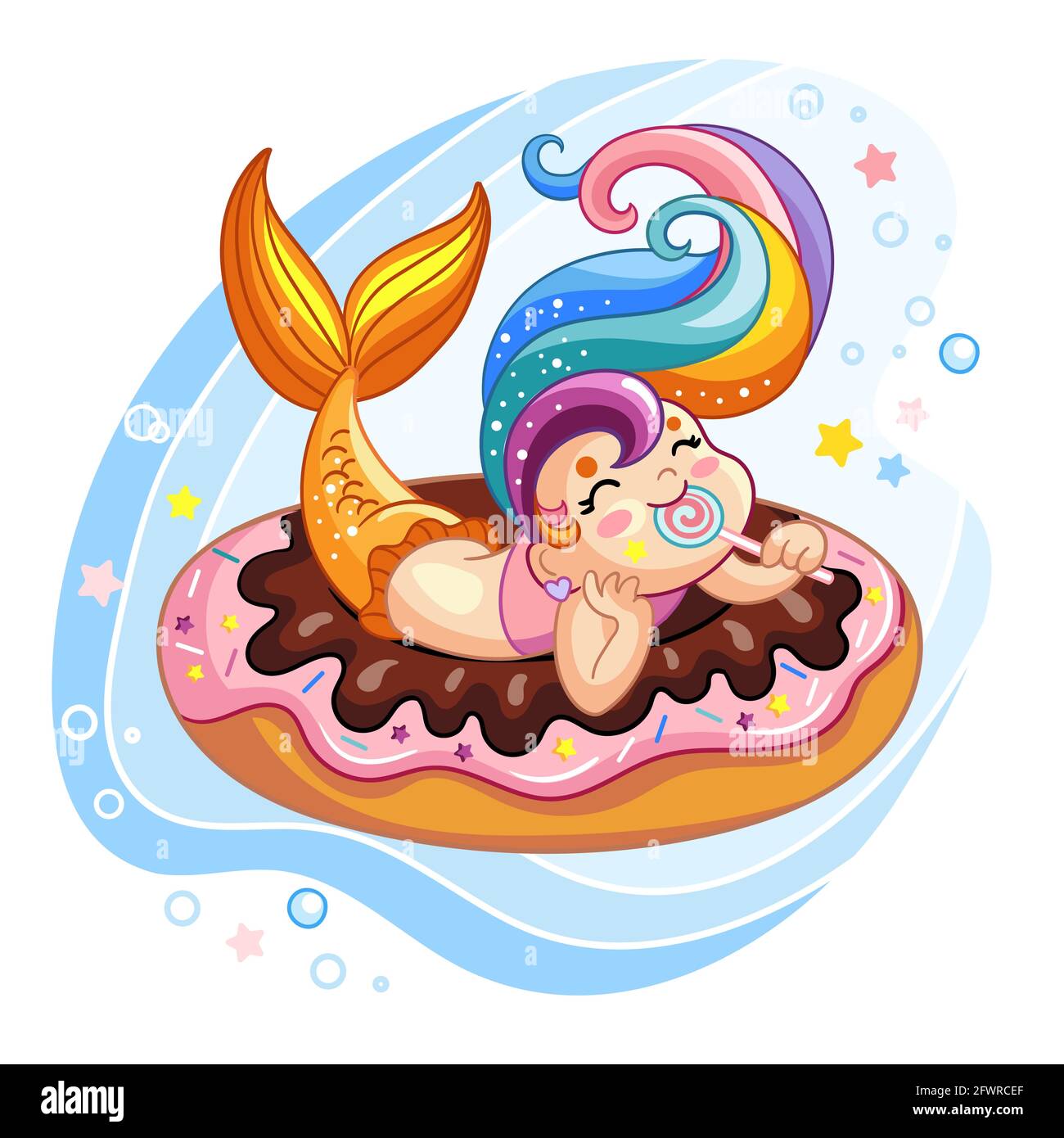 Cute kawaii mermaid character lying on a donut and eating a lollipop ...