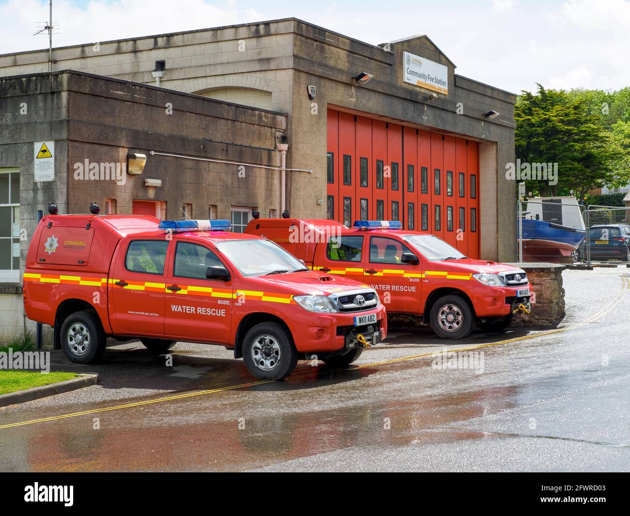 Water rescue vehicles outside the Bude fire and rescue station, Bude, Cornwall, UK Stock Photo ...