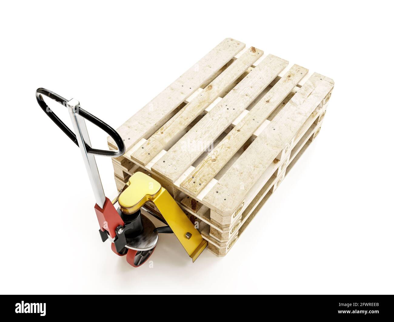 Yellow pallet truck loaded with three europallets shot from above over ...