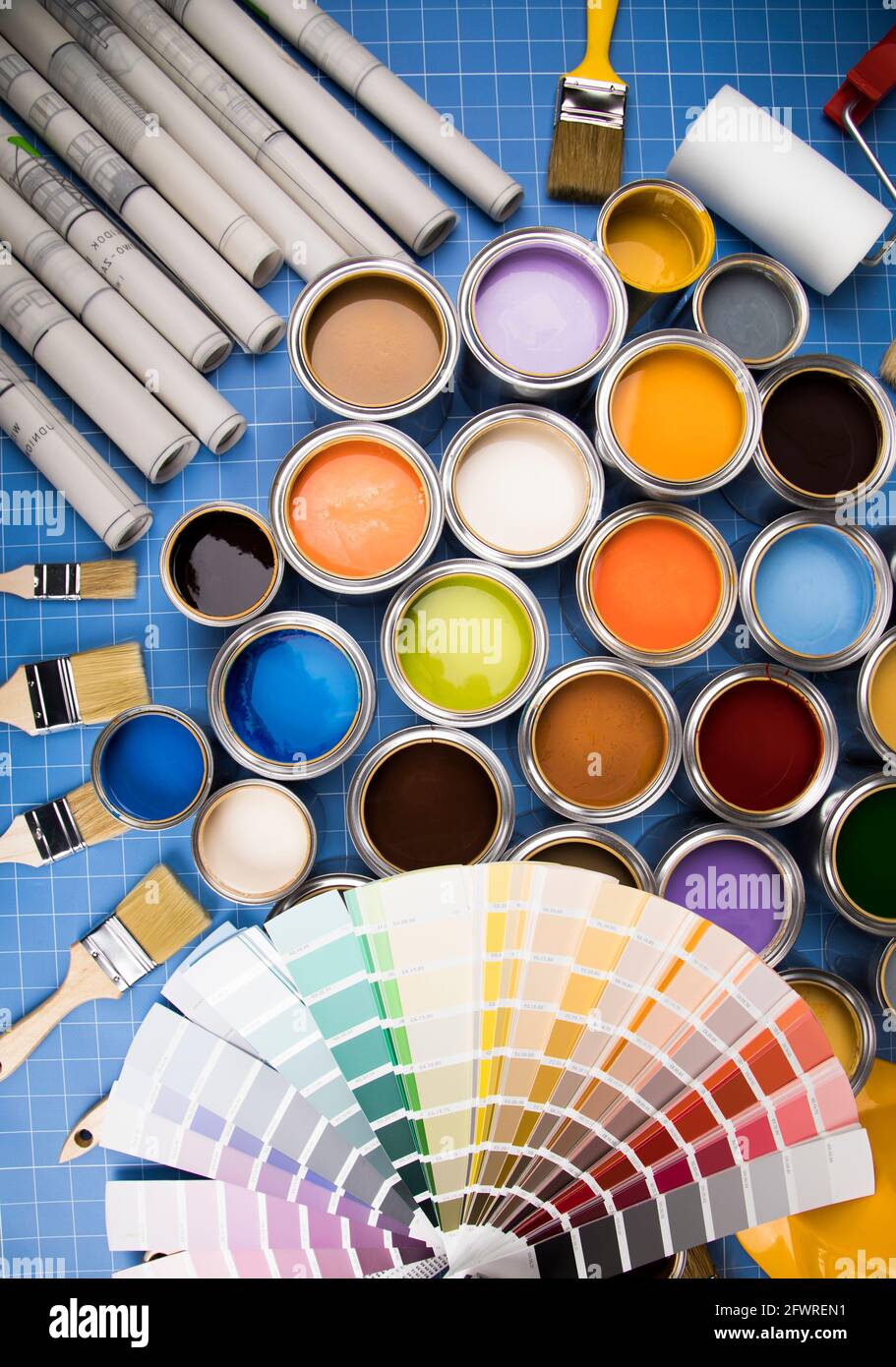 Palette of paint samples and paintbrush Stock Photo - Alamy