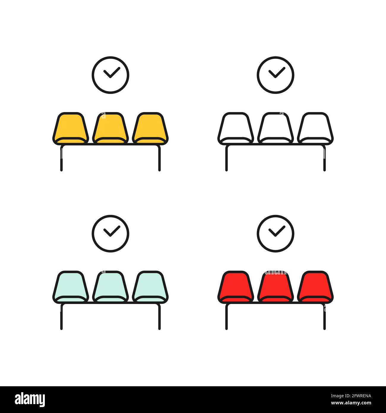 Waiting room icon set. Black thick outline. Colorful. A clock on the ...