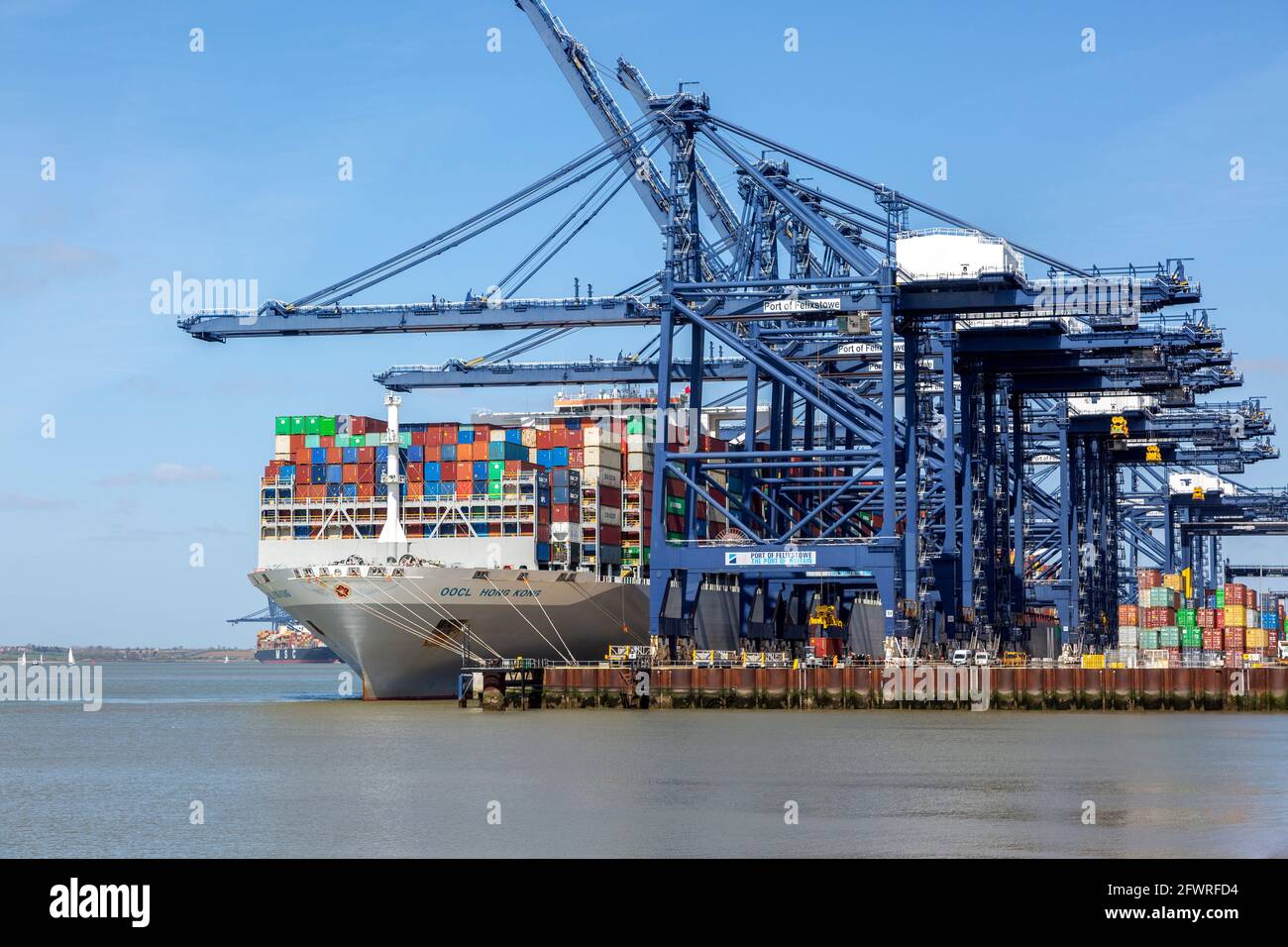 OOCL Hong Kong container ship cranes unloading, Port of Felixstowe ...