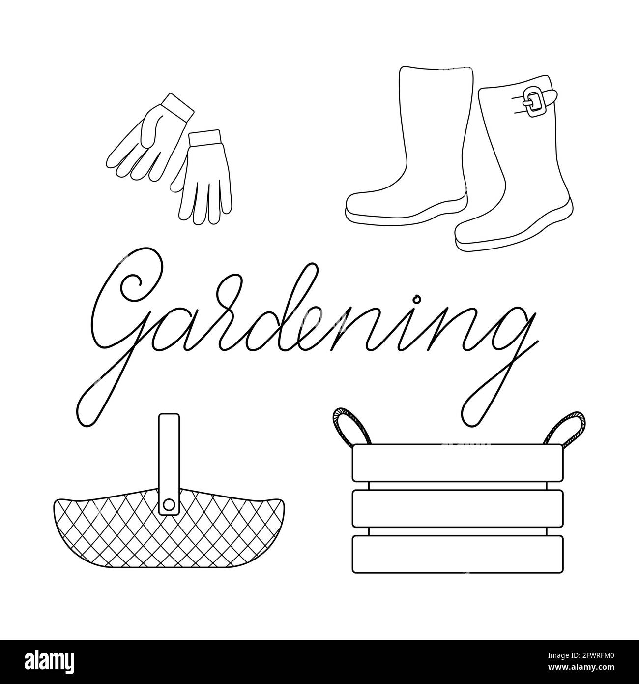 Gardening tools set of basket, box, boots and gloves with lettering ...